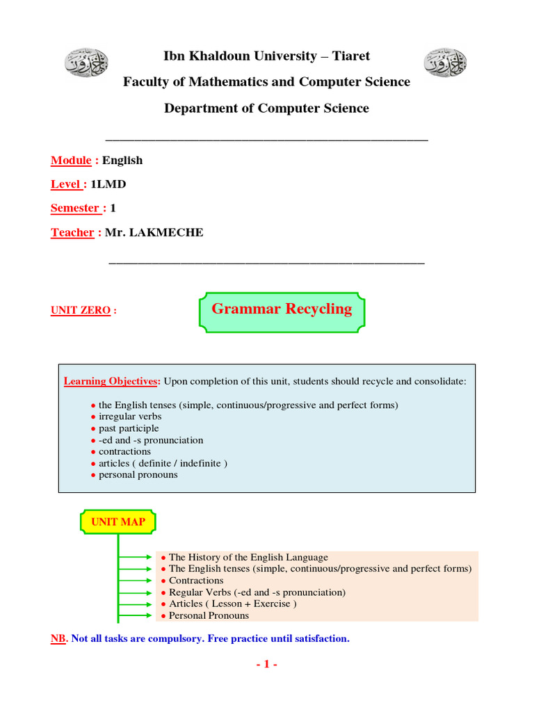 1LMD - Unit 0 - Grammar Recycling | PDF | English Language ...