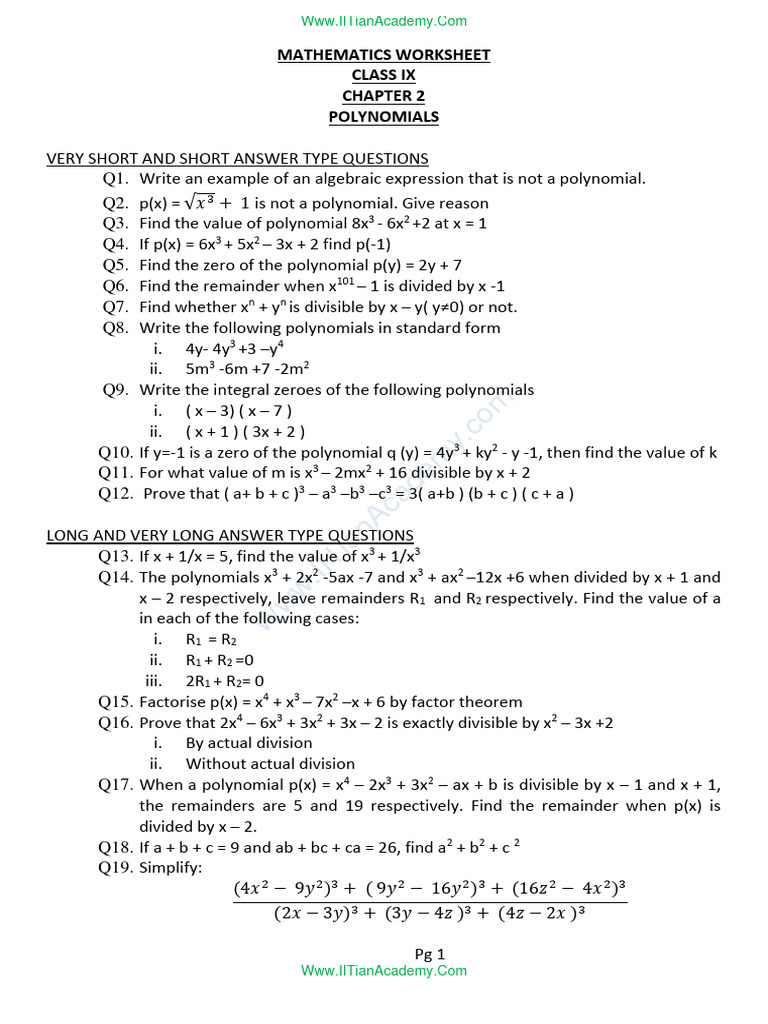 9th Polynomial Test Paper-6 | PDF | Polynomial | Mathematics