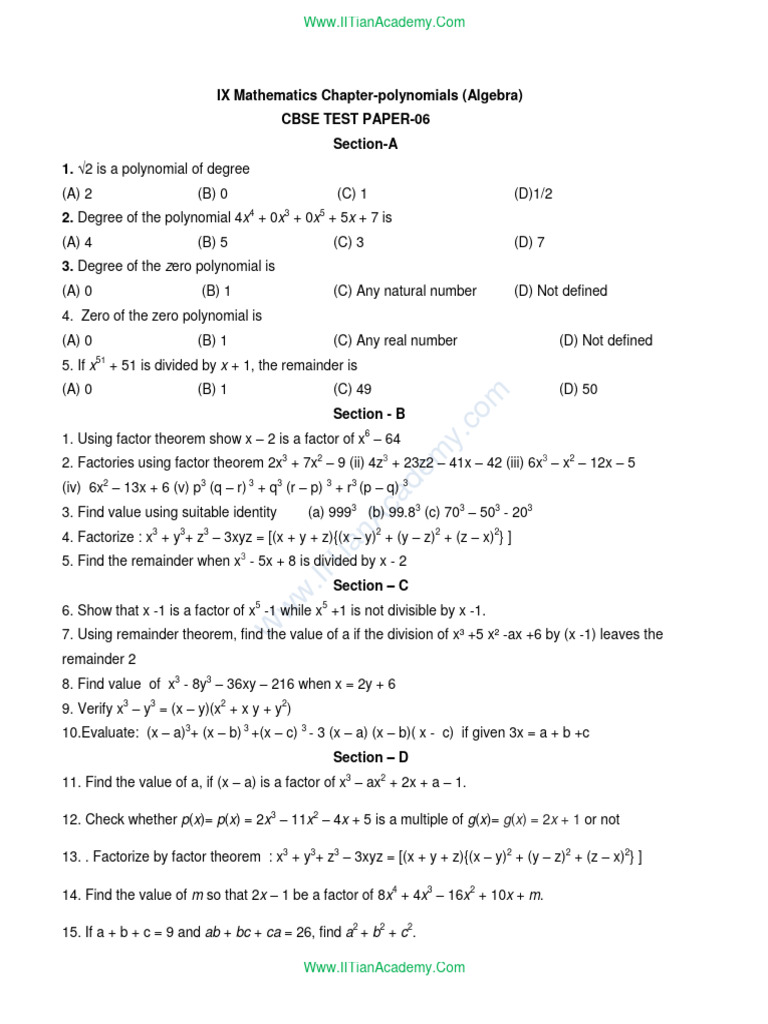 Grade 9 Polynomials Worksheet | PDF | Polynomial | Mathematics
