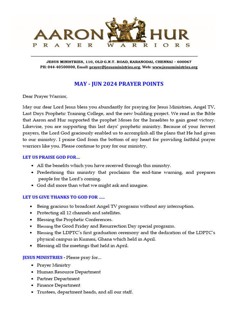 India Aaron&Hur May-June2024 PrayerPoints | PDF | Prayer | Angel