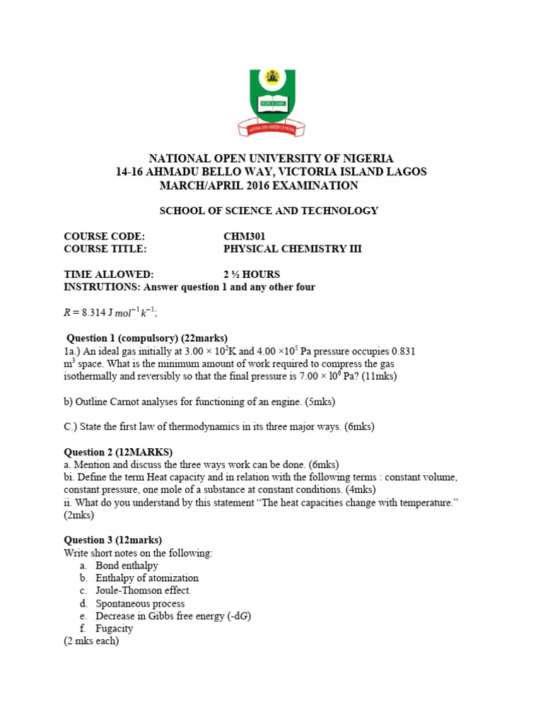 CHM301 - Physical Chemistry Iii | PDF
