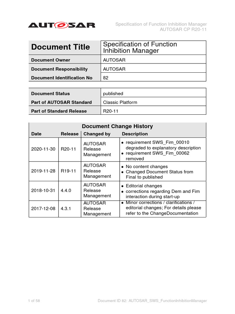 AUTOSAR SWS FunctionInhibitionManager | Download Free PDF | Specification (Technical Standard ...