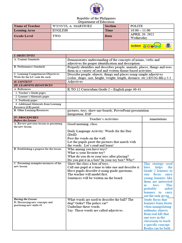 Cot - DLP - English 2 by Teacher Jelyn M. Habana | PDF | Learning ...