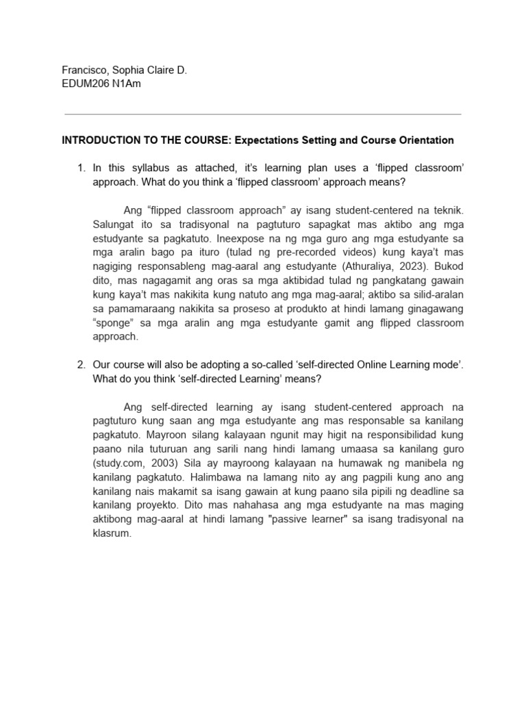 FRANCISCO, SOPHIA CLAIRE D. N1Am - INTRODUCTION TO THE COURSE - Expectations Setting and Course ...