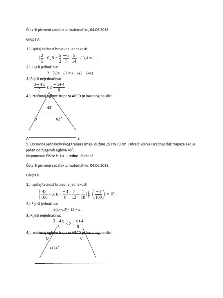 Cetvrti Pismeni Za 7 Razred | PDF
