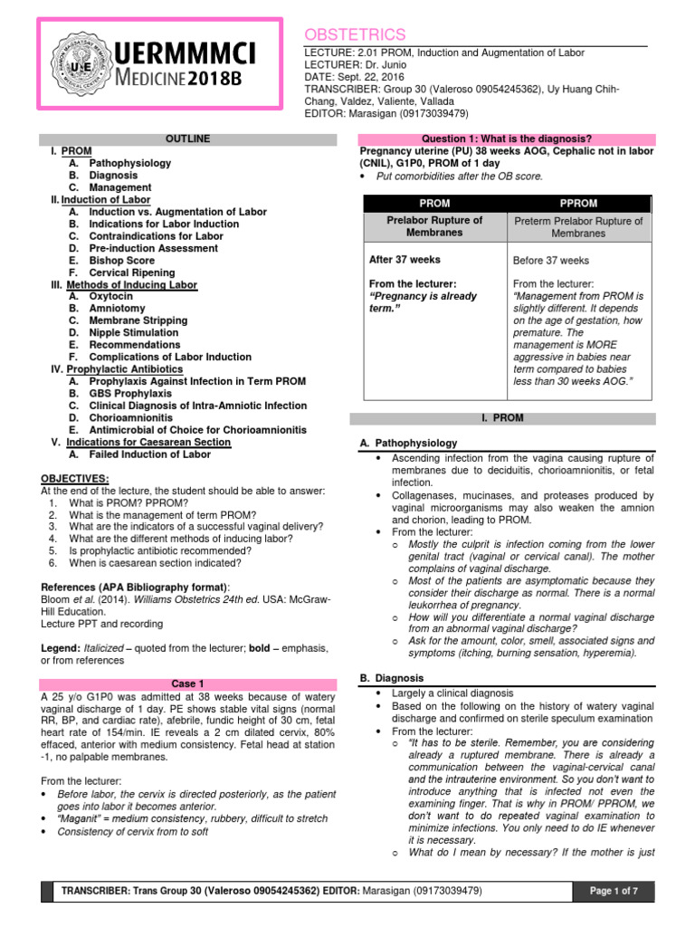 OBSTETRICS - 2.01 PROM and Induction of Labor (Dr. Junio) | PDF ...
