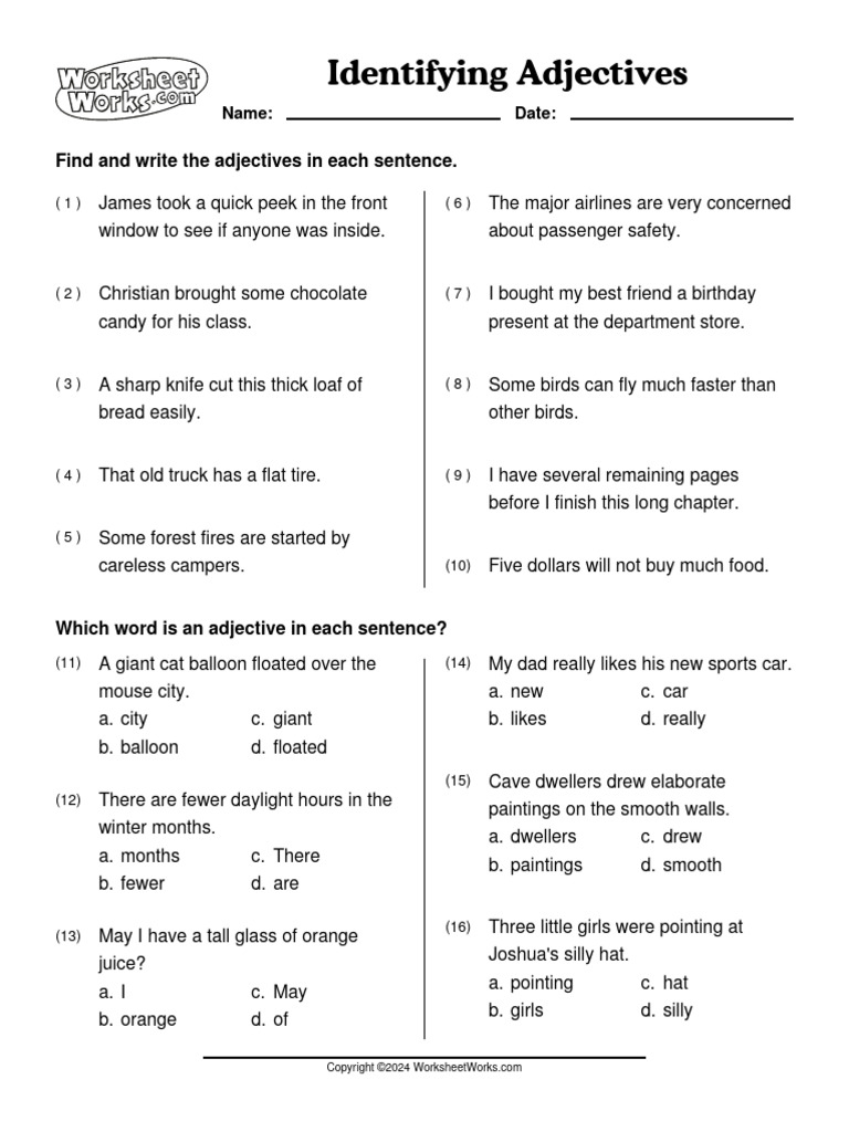 WorksheetWorks Identifying Adjectives 1 | PDF