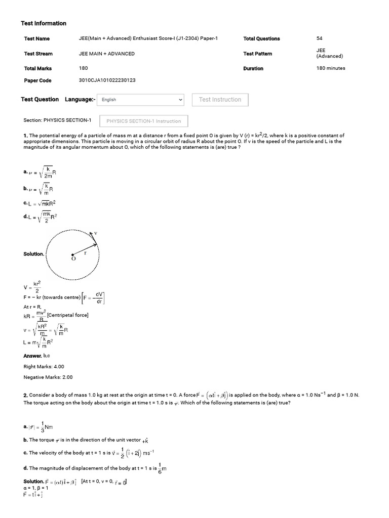 Test Information: PHYSICS SECTION-1 Instruction | PDF | Torque | Force