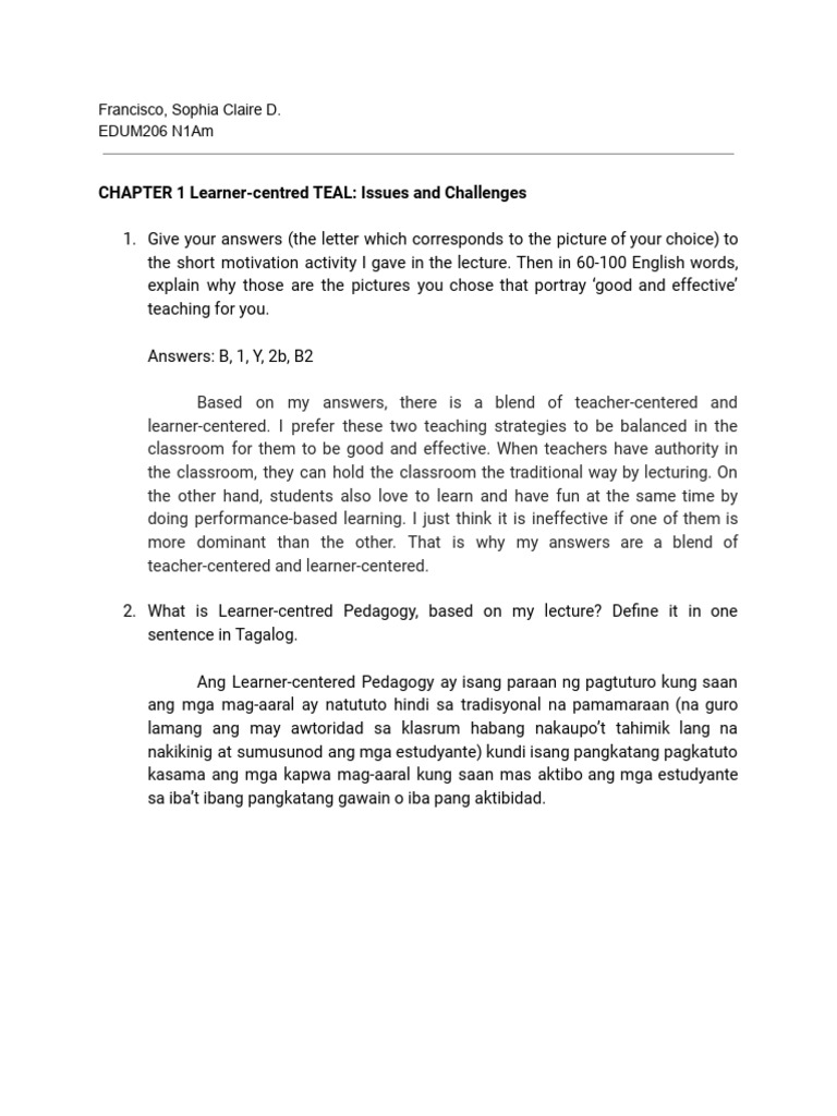 FRANCISCO, SOPHIA CLAIRE D. N1Am - CHAPTER 1 Learner-Centred Instruction - Definitions and ...