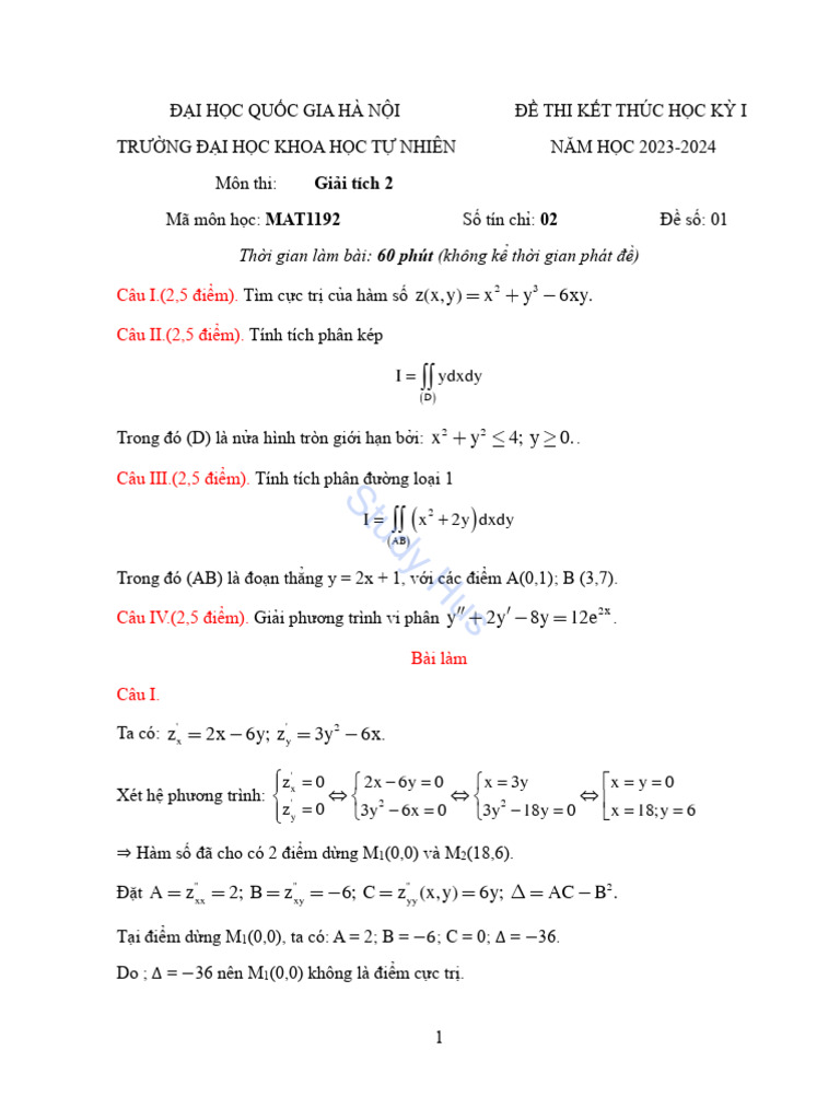 Đề thi cuối kỳ MAT1192 kỳ 1 2023-2024 HUS-VNU | PDF