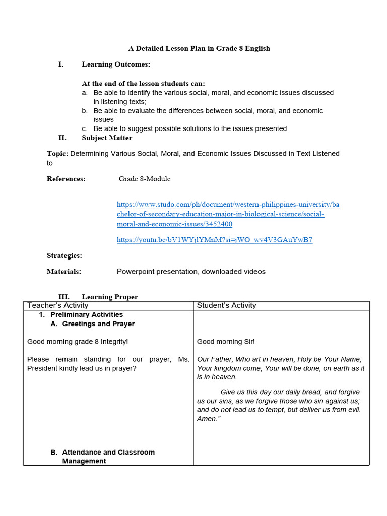 Grade 8 English Lesson Plan: Social Issues | PDF | Lord's Prayer | Morality