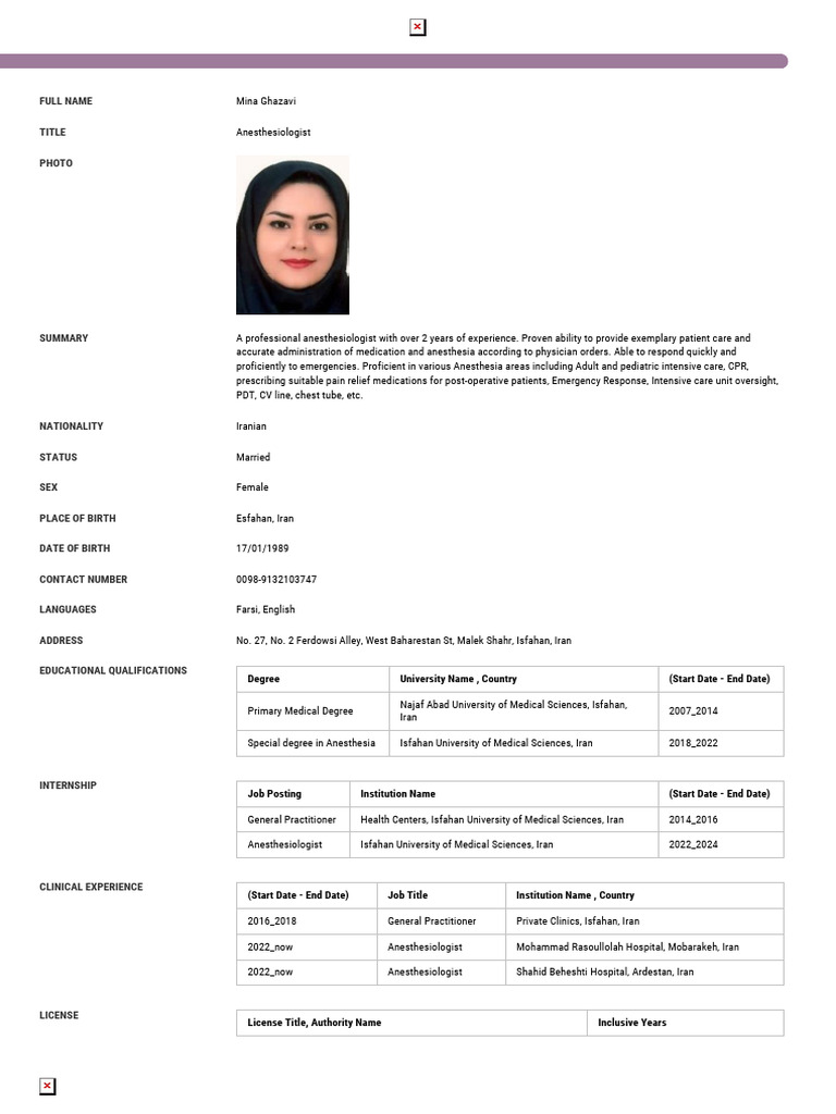 Resume Mina Ghazavi | PDF | Anesthesia | Surgery