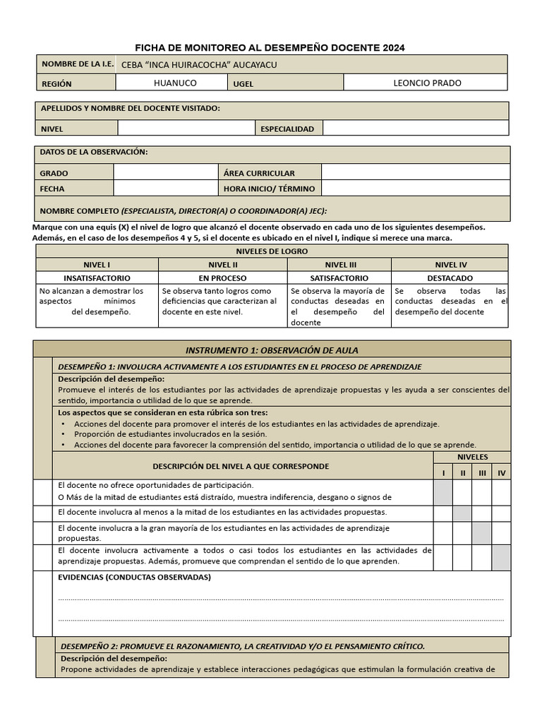 Ficha de Monitoreo Al Desempeño Docente 2024 | Descargar gratis PDF | Evaluación | Aprendizaje