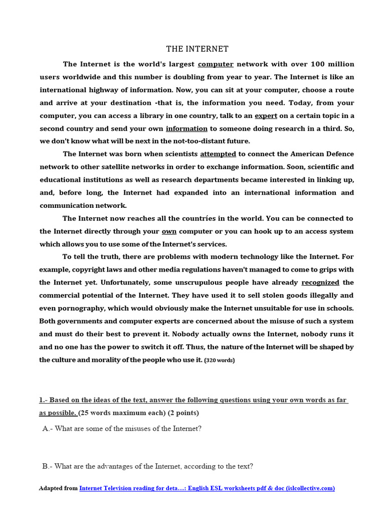 Internet Fun Activities Games Reading Comprehension Exercis - 7074 | PDF | Internet | Computer ...