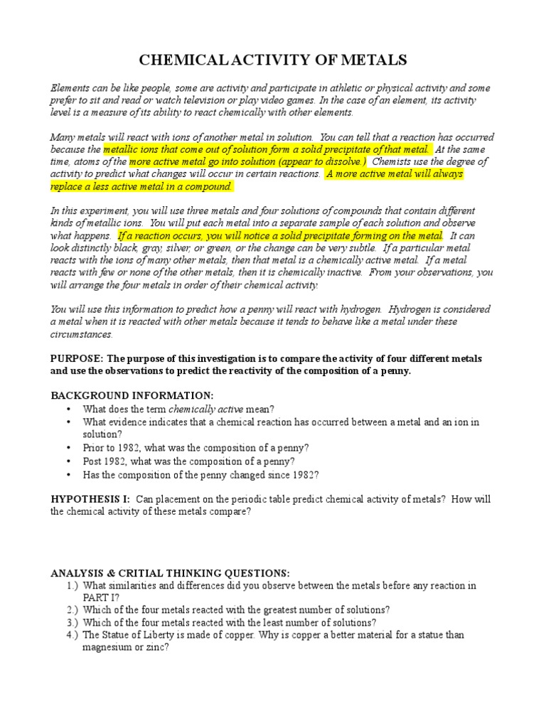 Metal Reactivity Experiment Guide | PDF | Metals | Chemical Reactions