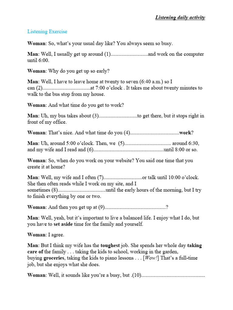 Listening Exercise DAILY ACTIVITY | PDF | Lunch