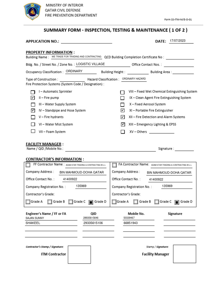 QCDD Inspection Summary Form | PDF | Fires | Firefighting