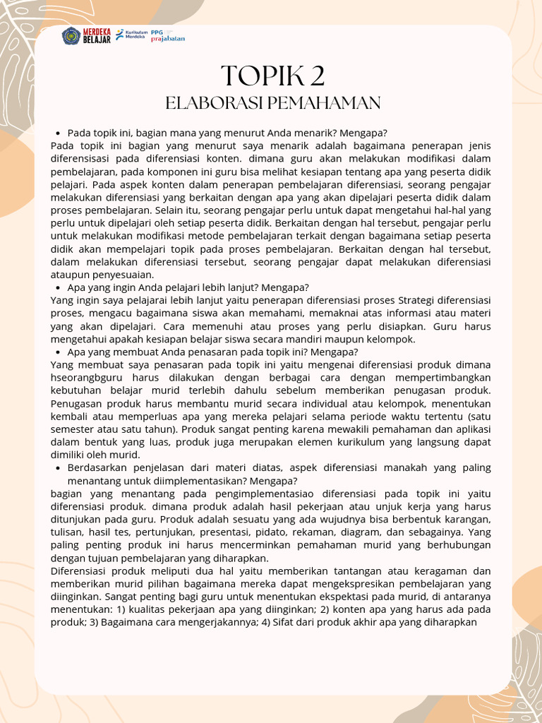 Topik 2 Elaborasi Pemahaman Pembelajaran Berdiferensiasi - 20240306 - 231214 - 0000 | PDF