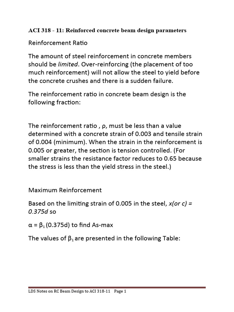 ACI 318-11 RC Beam Design Parameters | PDF | Reinforced Concrete | Concrete