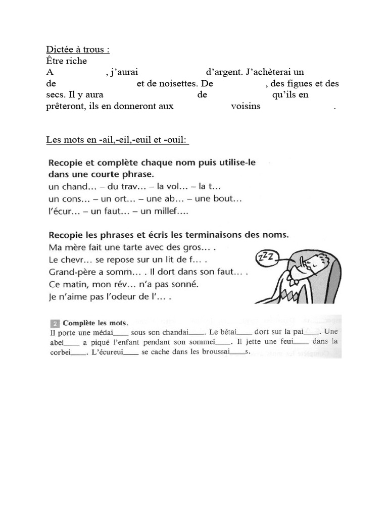 Dictée : Mots en -ail, -eil, -euil, -ouil | PDF