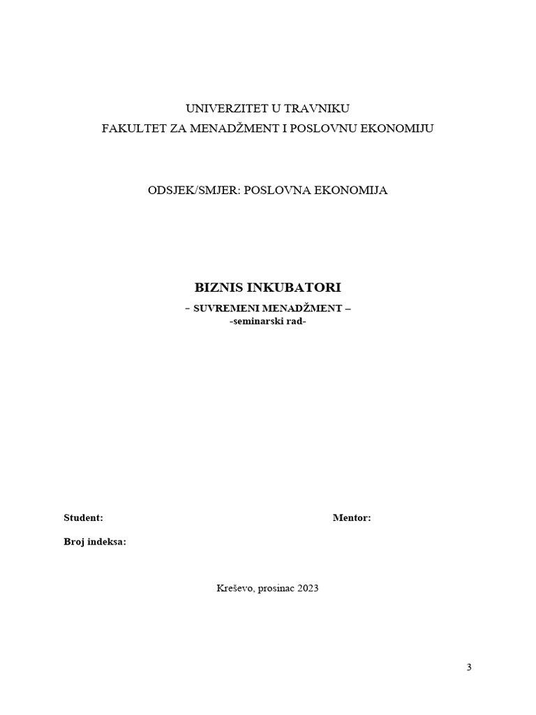 Seminarski Rad - Biznis Inkubatori - Nacrt | PDF