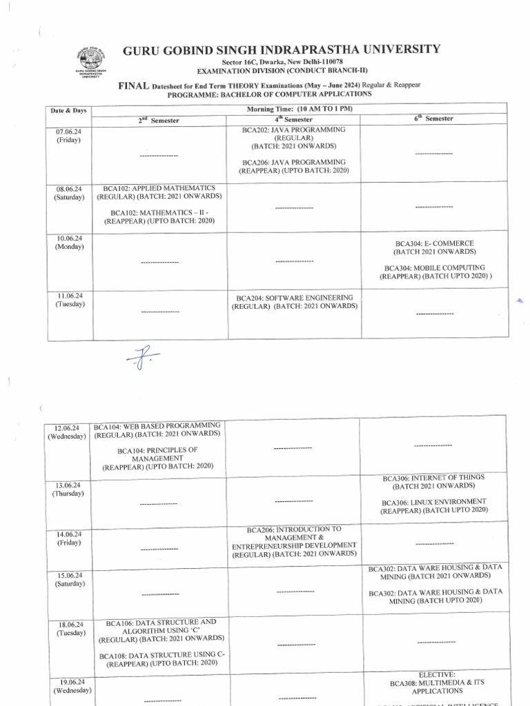 Bca Final Date Sheet May-2024 | PDF