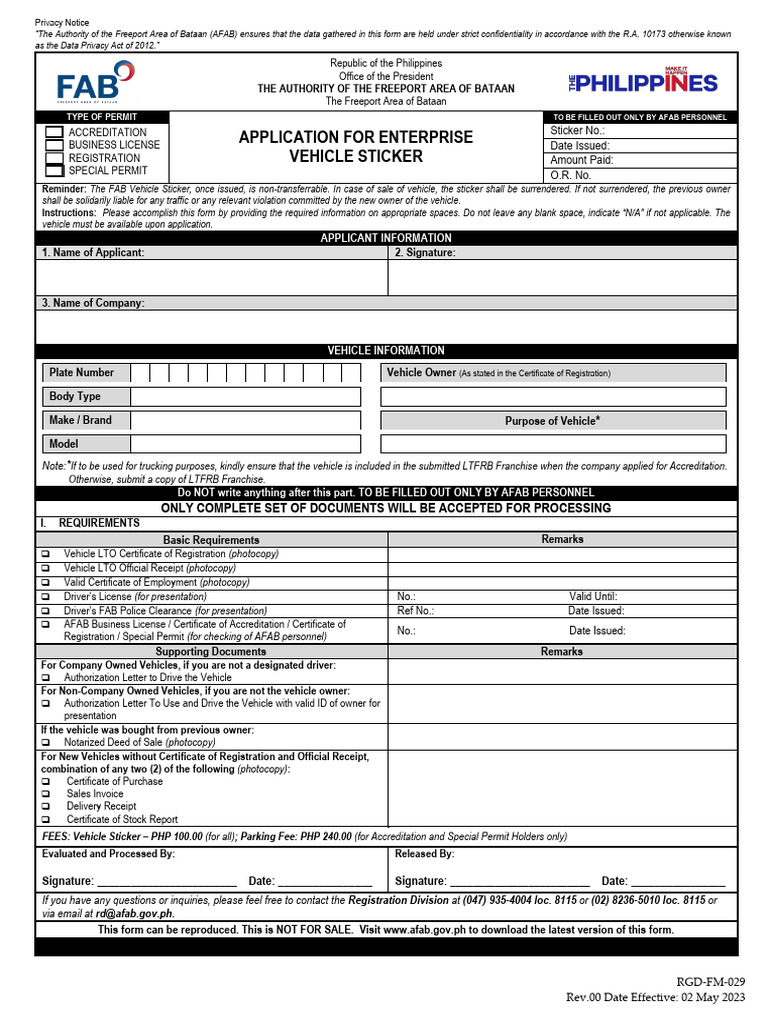 RGD-FM-029 Rev. 00 Application For Enterprise Vehicle Sticker ...