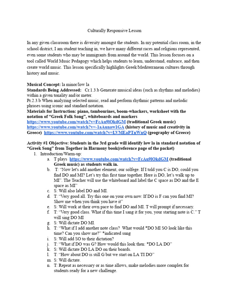 Culturally Responsive Lesson 1 | PDF | Musical Notation | Music Education