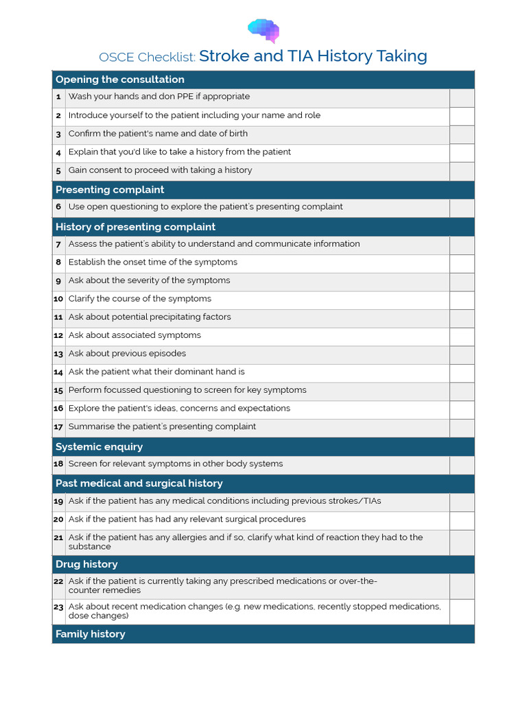 OSCE Checklist Stroke and TIA History Taking | PDF | Stroke | Patient OSCE Checklist Stroke and TIA History Taking | PDF | Stroke | Patient