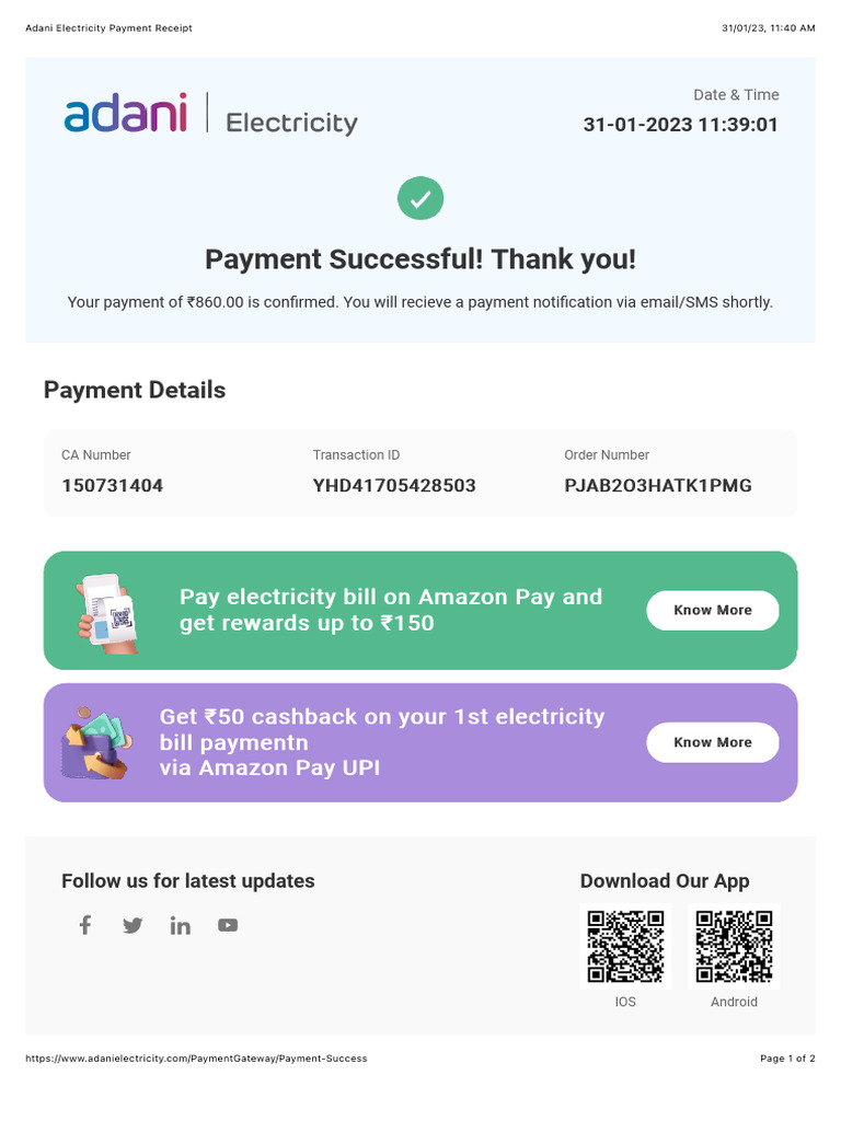 Adani Electricity Payment Receipt JAN | PDF