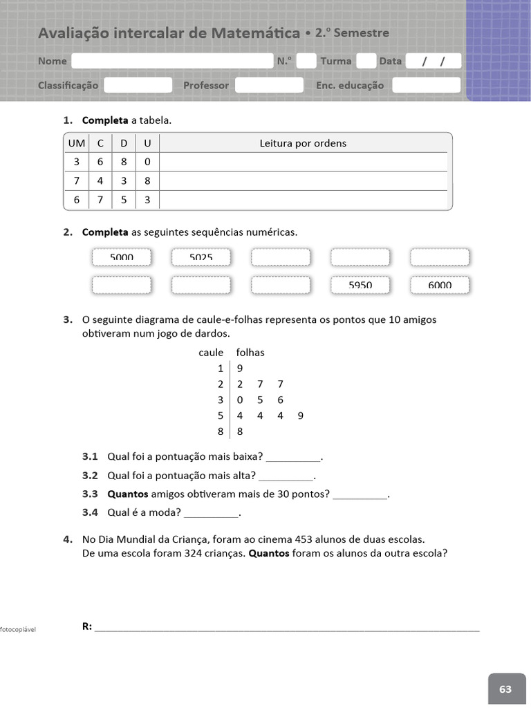 Avaliação Intercalar 2.º Semestre Mat 3º Ano | PDF