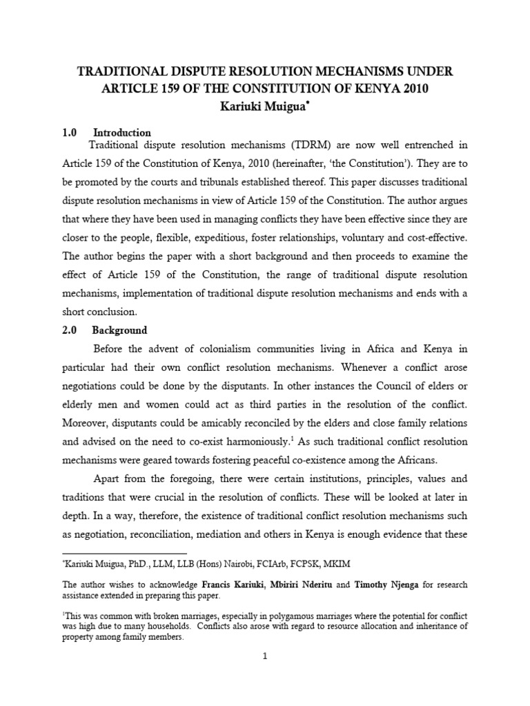 Paper On Article 159 Traditional Dispute Resolution Mechanisms FINAL | PDF | Mediation ...