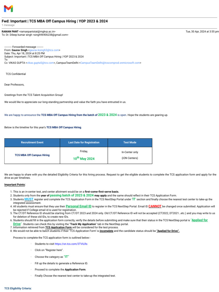 Gmail - FWD - Important - TCS MBA Off Campus Hiring - YOP 2023 & 2024 | PDF | Master Of Business ...