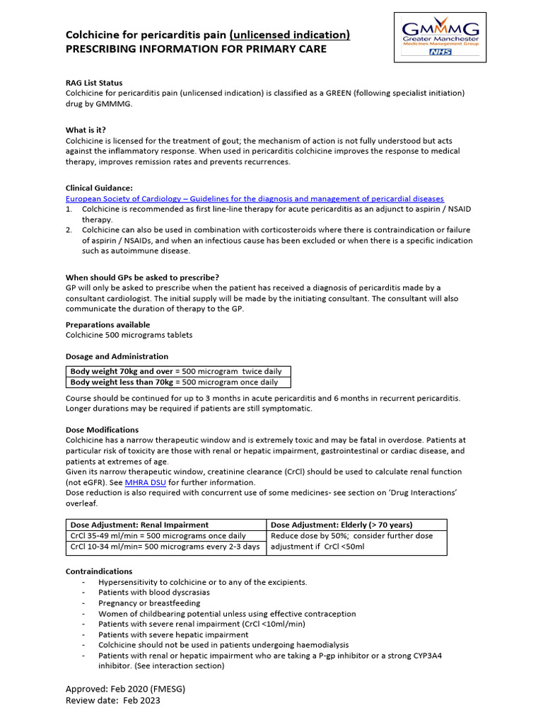 Colchicine For Pericarditis Info Sheet For GPs V6 Approved | PDF | Dose ...