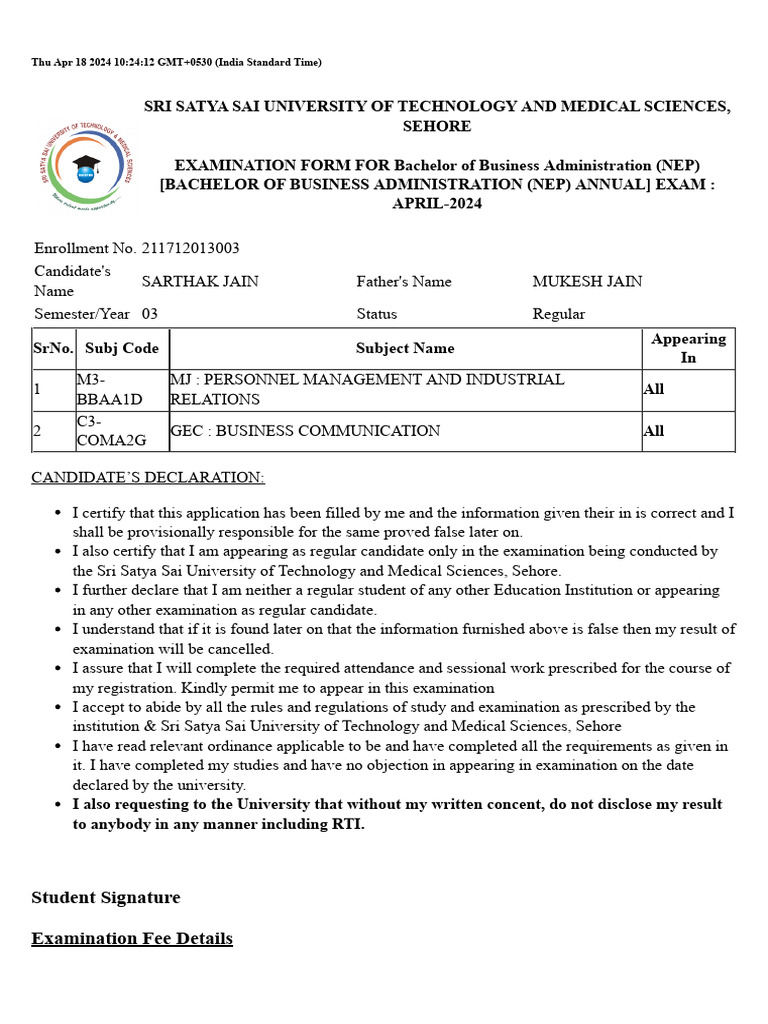 HTTPS:/WWW Sssutms Co In/erp/student/studentexamform | PDF
