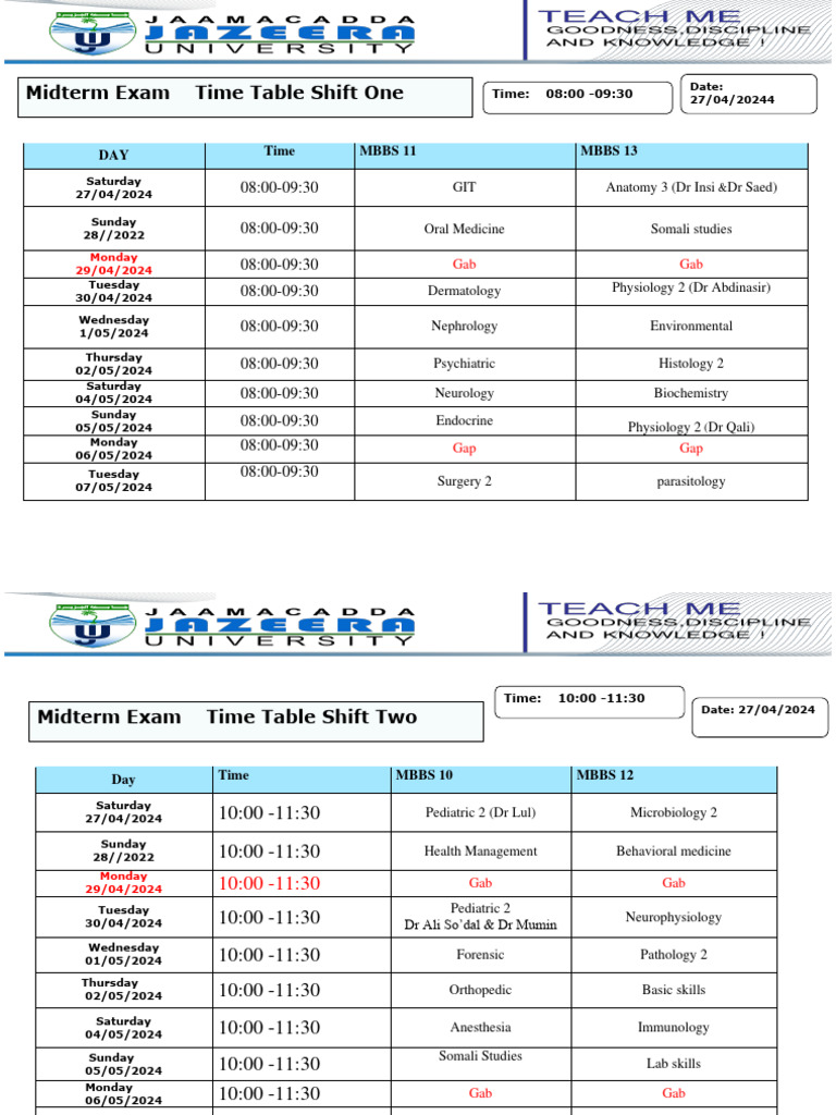 Midterm Exam Sem 2 Time Table 2022-2023 | PDF | Health Care | Medicine