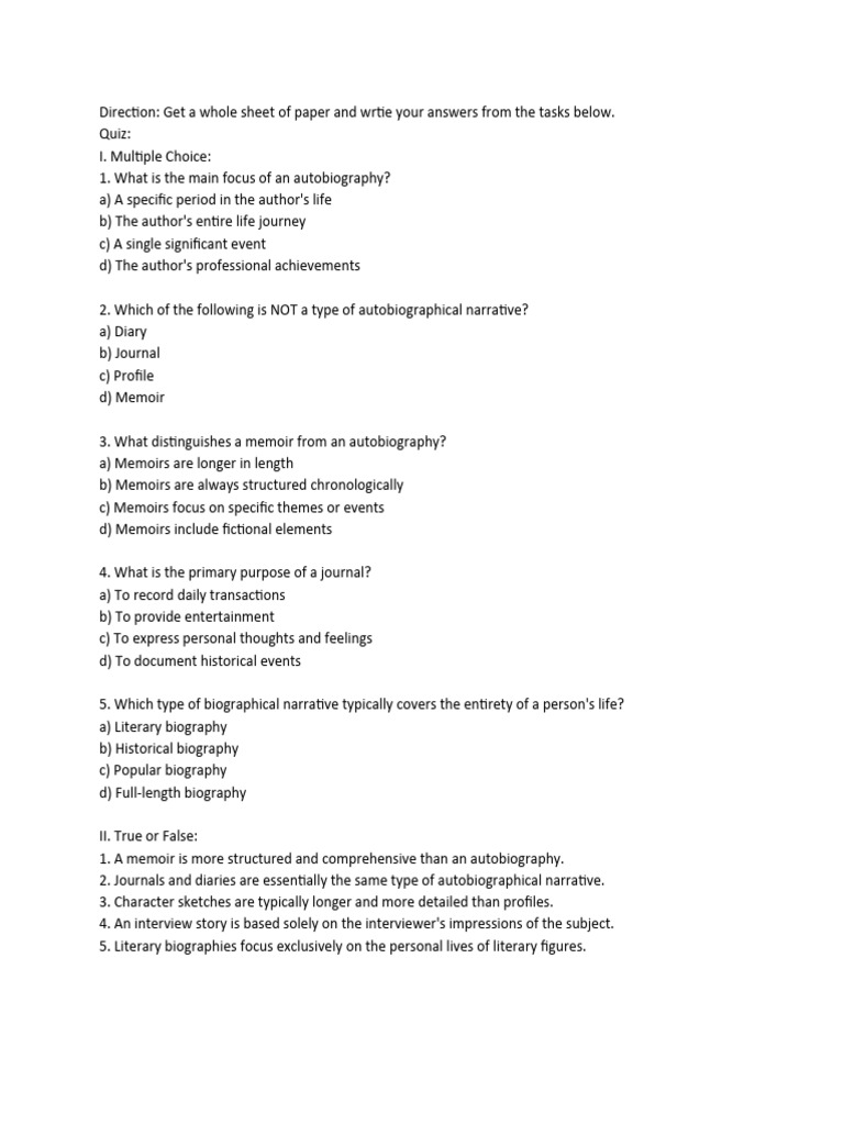 Autobiography & Biography Quiz | PDF