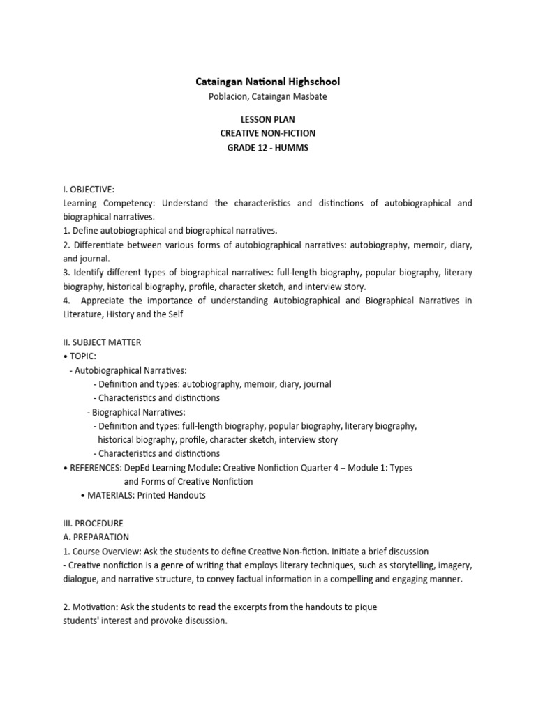 Lesson Plan Humms 3 Copies | PDF | Biography | Narrative