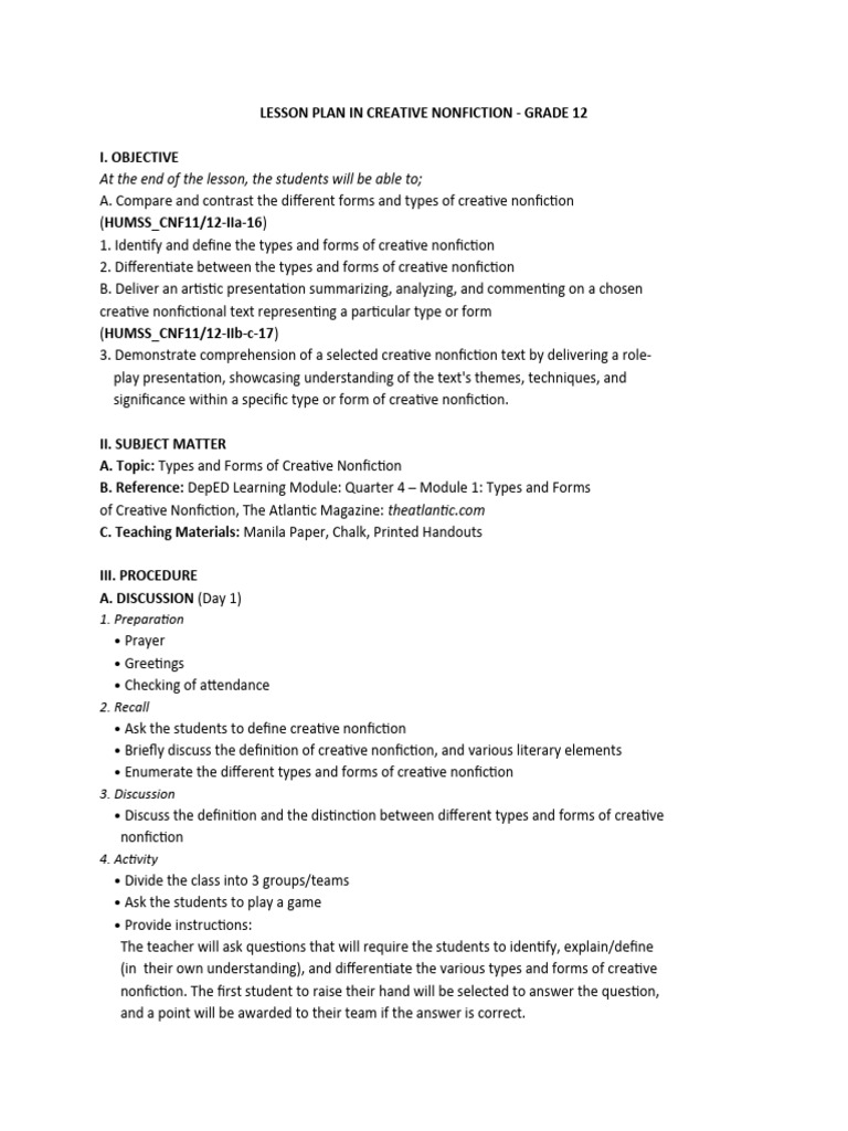 LESSON PLAN 3DAYS-WPS Office | PDF | Creative Nonfiction | Lesson Plan