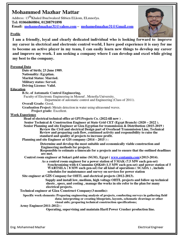 Mohammed Mazhar2023 - Electrical Engineer 2011 CV and Papers | PDF | Electrical Substation ...