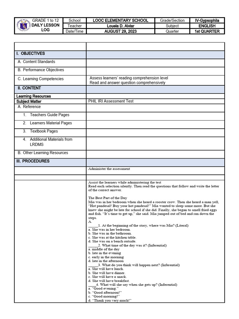 Dll-English-Q1-Wk1-Day 1-2 | PDF | Learning | Teachers