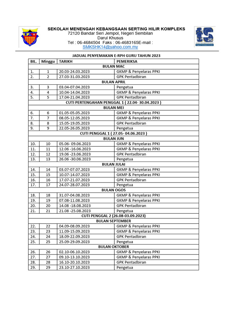 Jadual Penyemakan E-Rph Guru Tahun 2023 | PDF