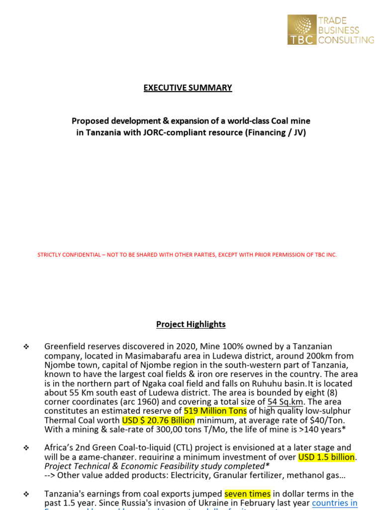 Coal Tanzania - Executive Summary q2 2023 | PDF | Mining | Coal