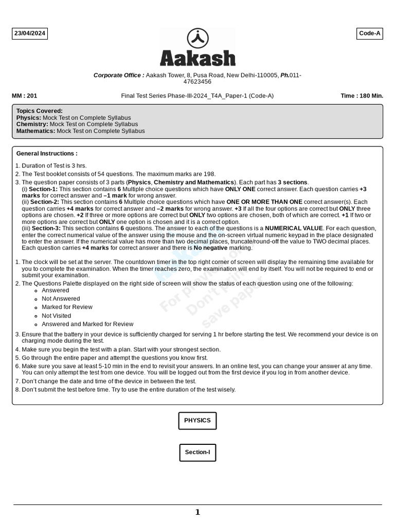 FTS PH-III-2024 T4A P-1 (Code-A) 23-04-2024 Que. Mathematics | PDF ...