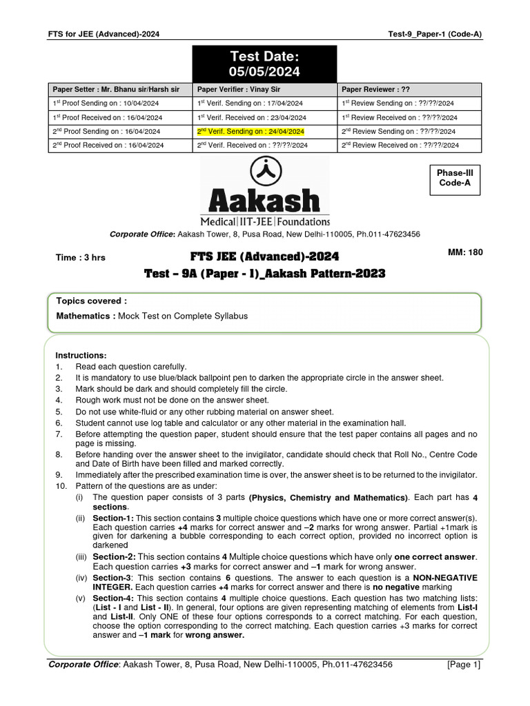 FTS-Phase-3 Test-9 Paper-1 Code-A 05-05-2024 Maths For 2nd Verification ...