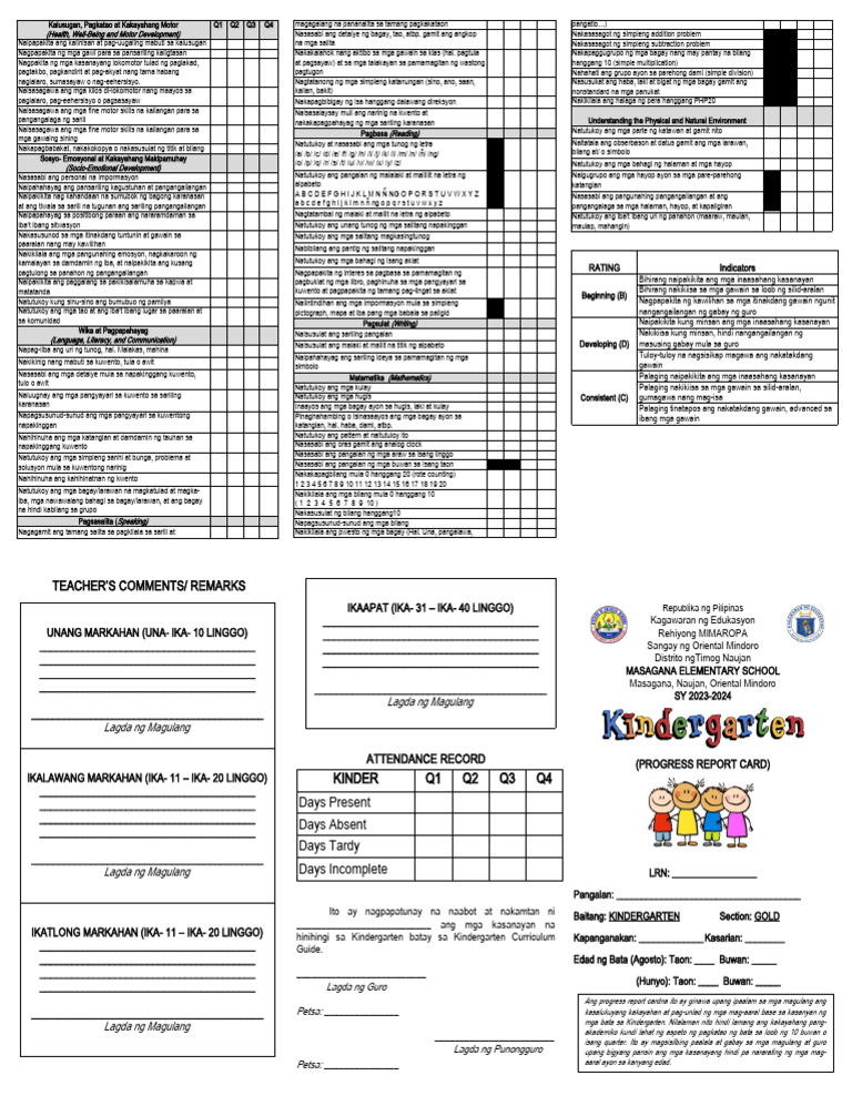 Masagana ES Kindergarten Progress Report Card WITH BLACK | PDF