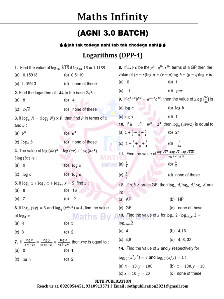 Maths Infinity: (Agni 3.0 Batch) | PDF | Logarithm | Complex Analysis