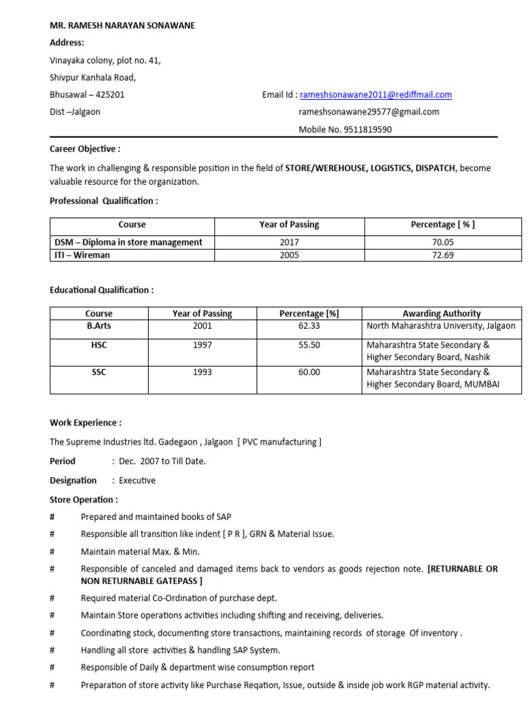 Rs Resume Word | PDF | Logistics | Warehouse