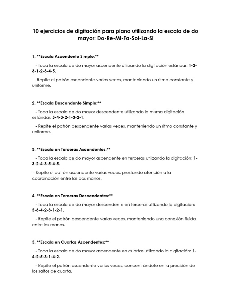 10 Ejercicios de Digitación para Piano Utilizando La Escala de Do Mayor | PDF | Escala (música ...