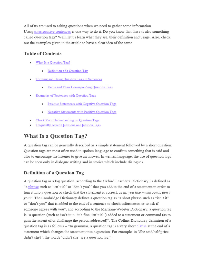 Understanding Question Tags in English | PDF | Question | Verb
